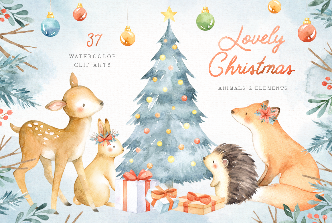 Lovely Christmas Watercolor Clip Art, an Animal Illustration by everysunsun