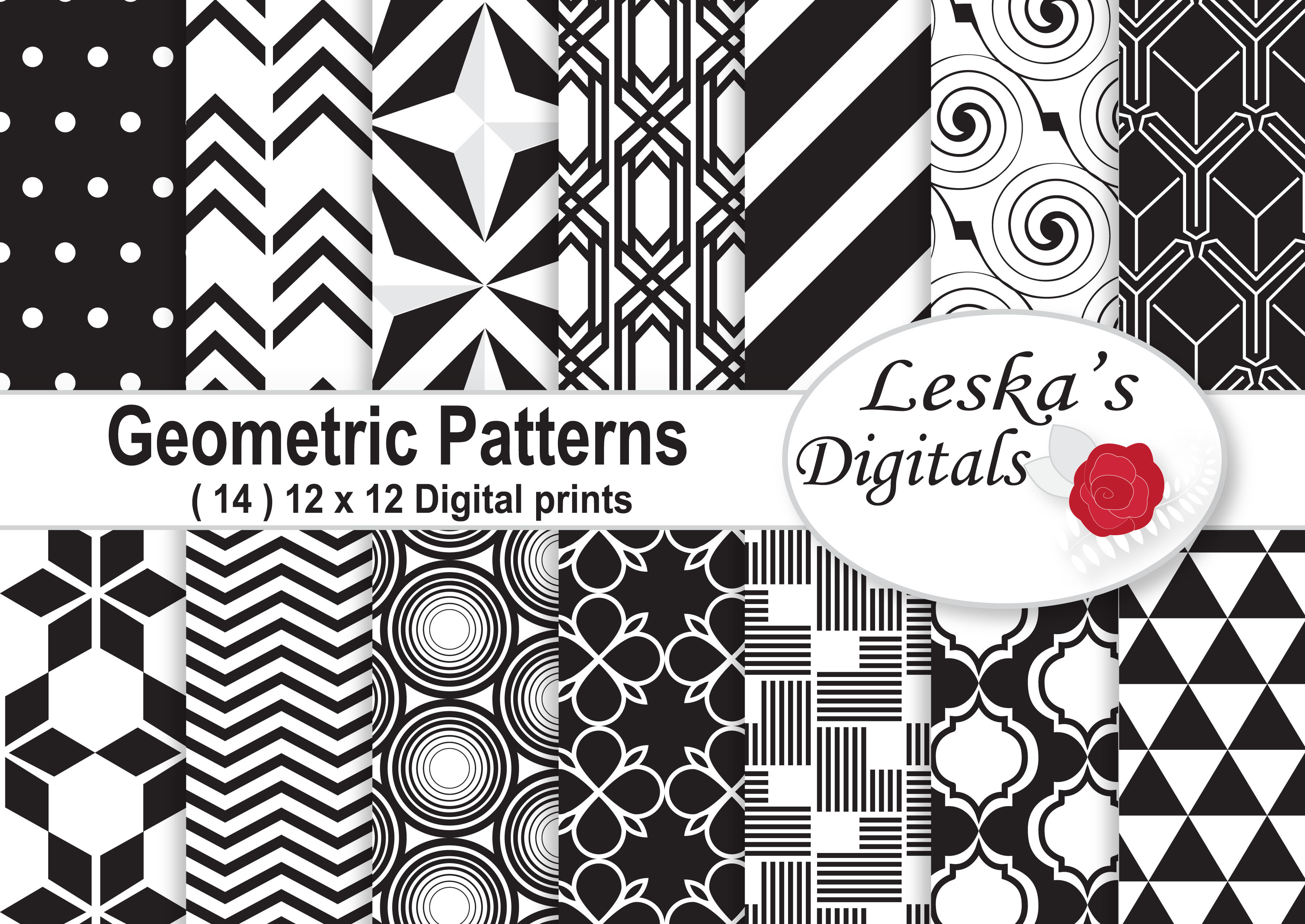 Black and White Digital Paper - Geo, a Pattern Graphic by Leska's Digitals