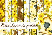 Bird house in yellow patterns, a Pattern Graphic by DarinaDigital