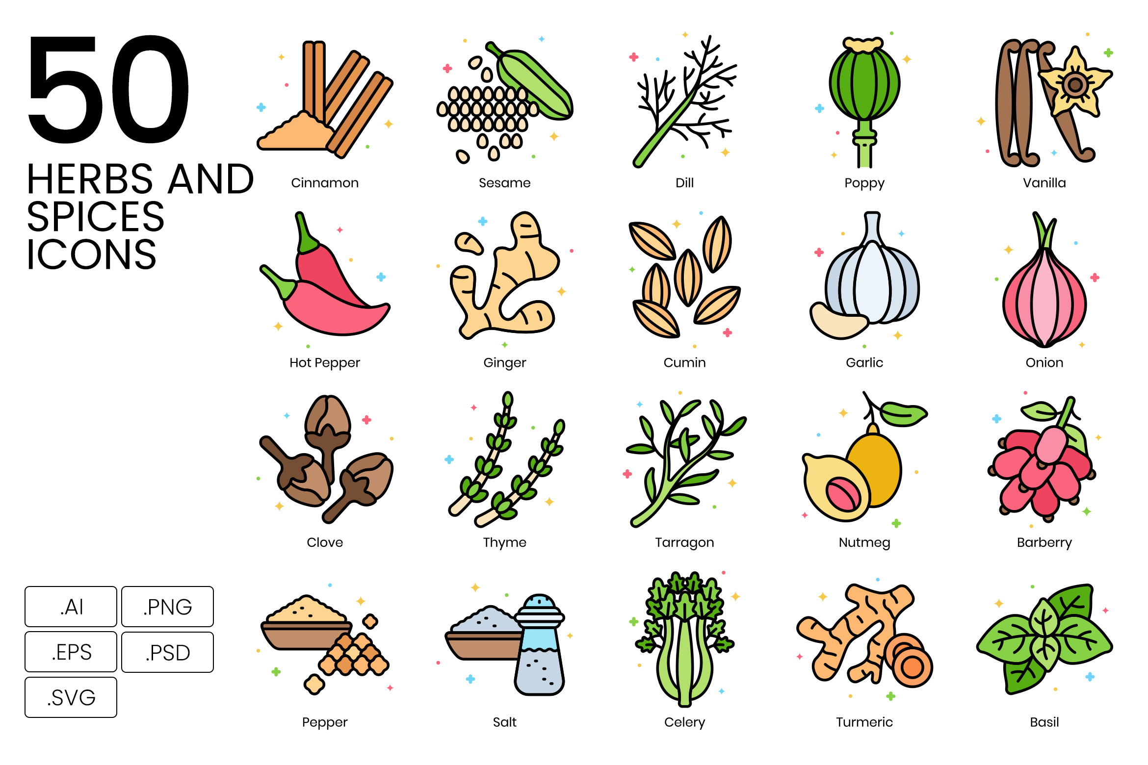 50 Herbs and Spices Icons | Vivid, an Icon by Flat Icons | Creative Market