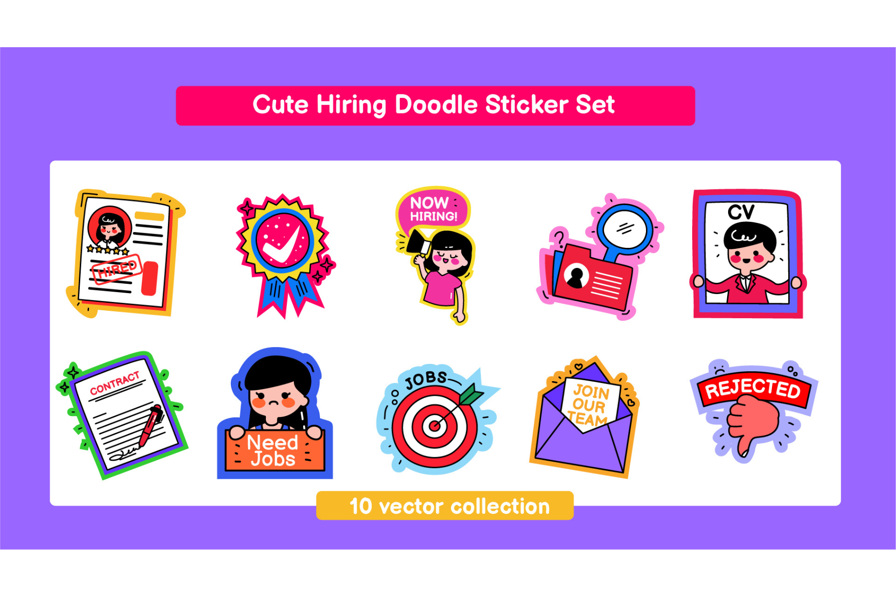 Cute Hiring Doodle Sticker Set, a Work Illustration by Eighteen Studio