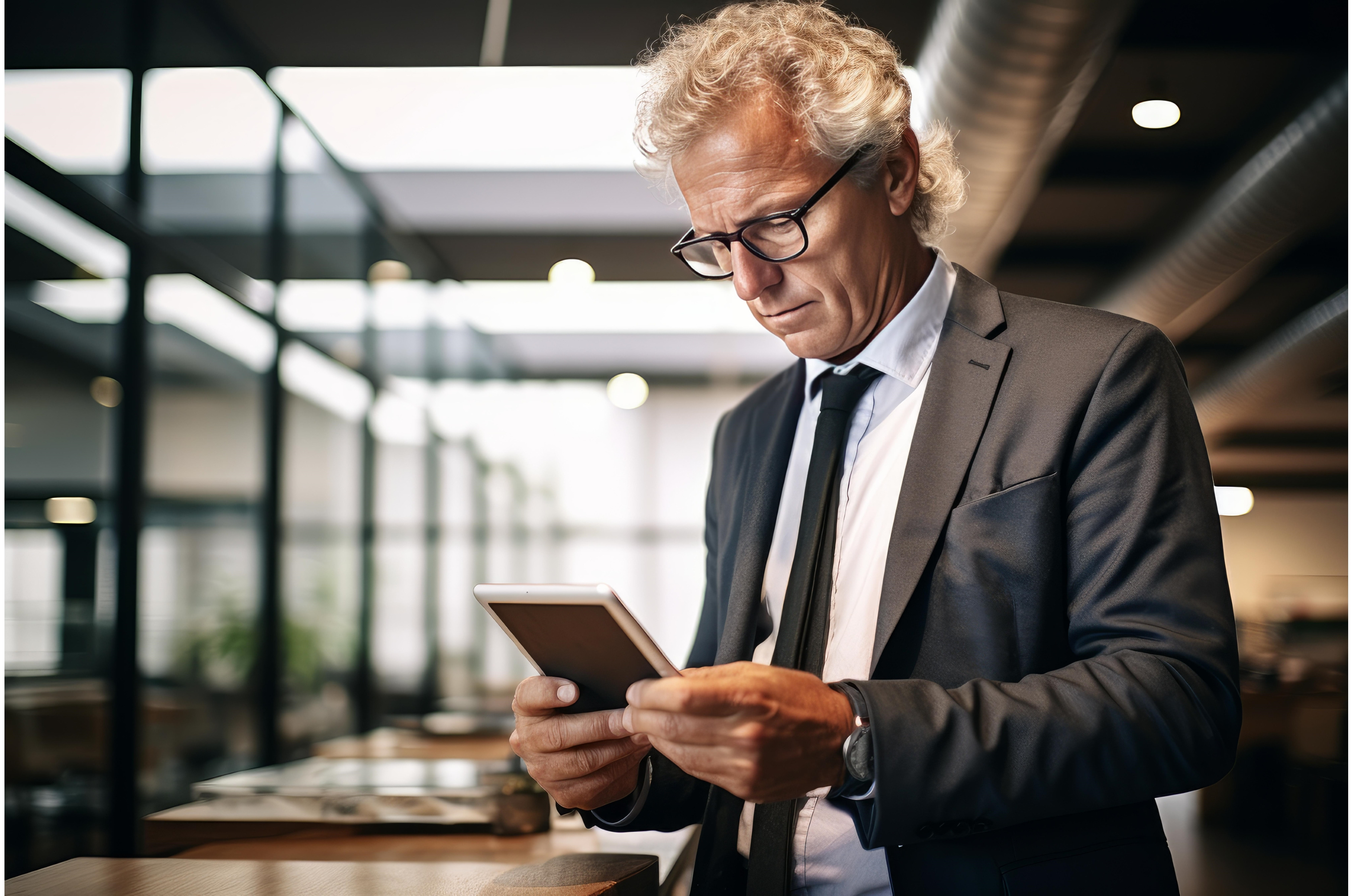 Senior businessman reading news on, a Business Photo by Ylivdesign