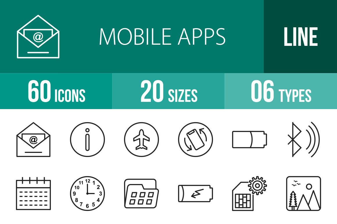 110 Mobile Apps Line Icons, an Outline Icon by IconBunny