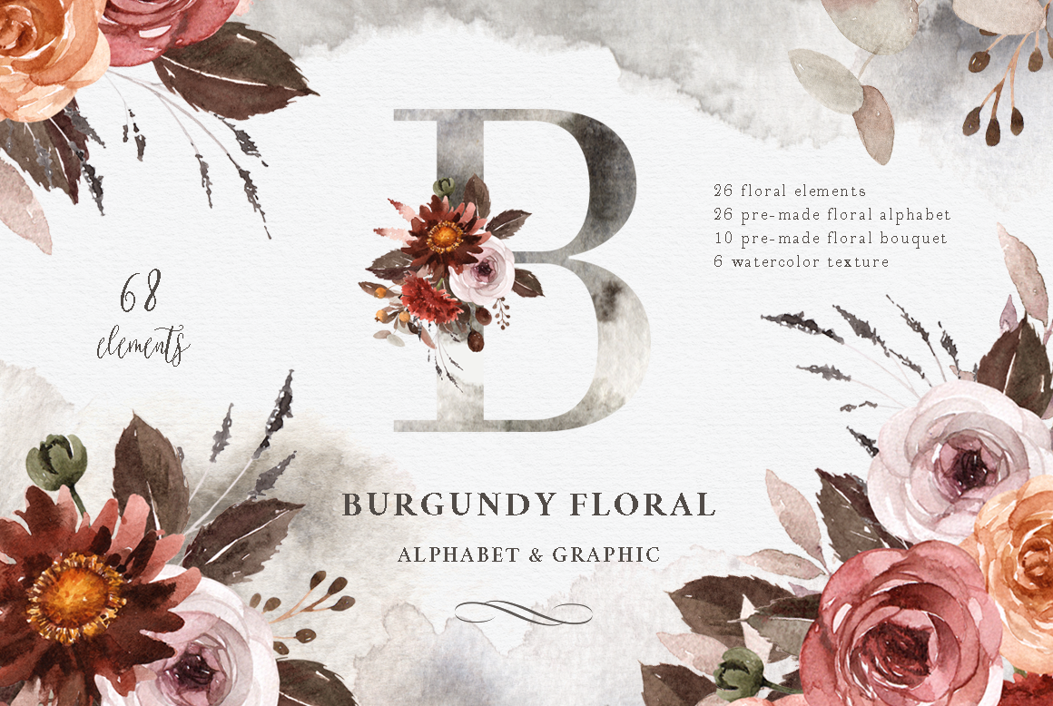 Burgundy Floral Watercolor Clipart, a Decorative Illustration by ...