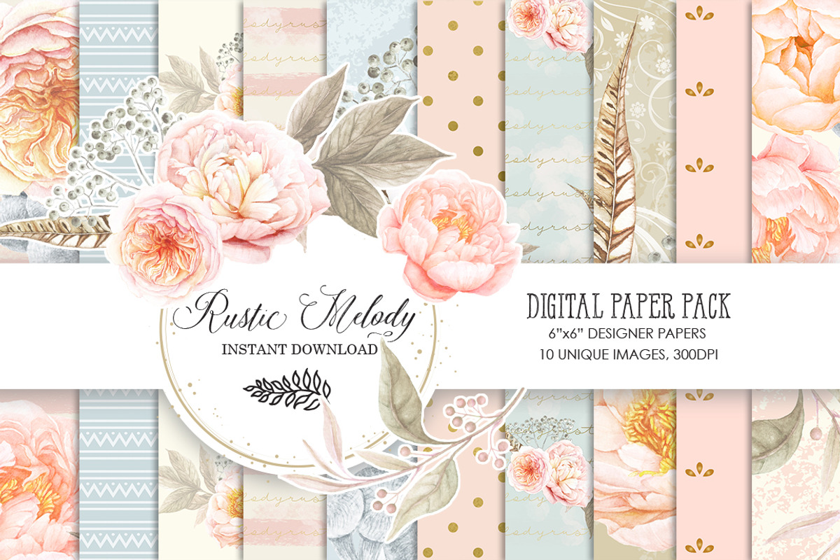 FLORAL DIGITAL PAPER PACK, a Pattern Graphic by rusticmelody