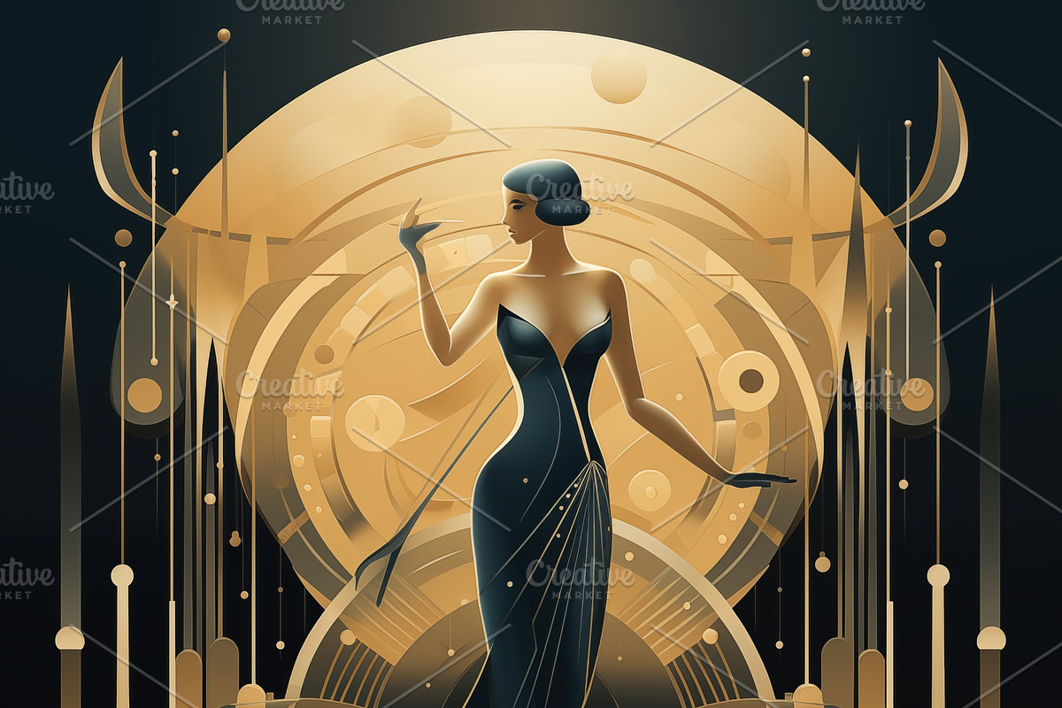 An elegant art deco woman in a glamorous black dress stands poised ...