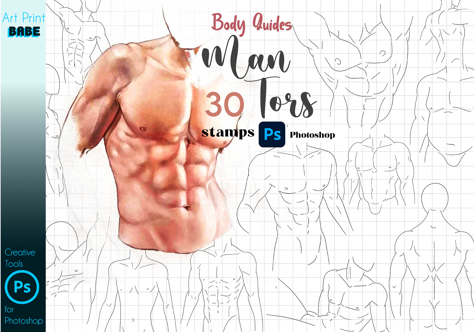 Photoshop Man Torso Guides Male Body, a Brush Add-On by ArtPrintBabe