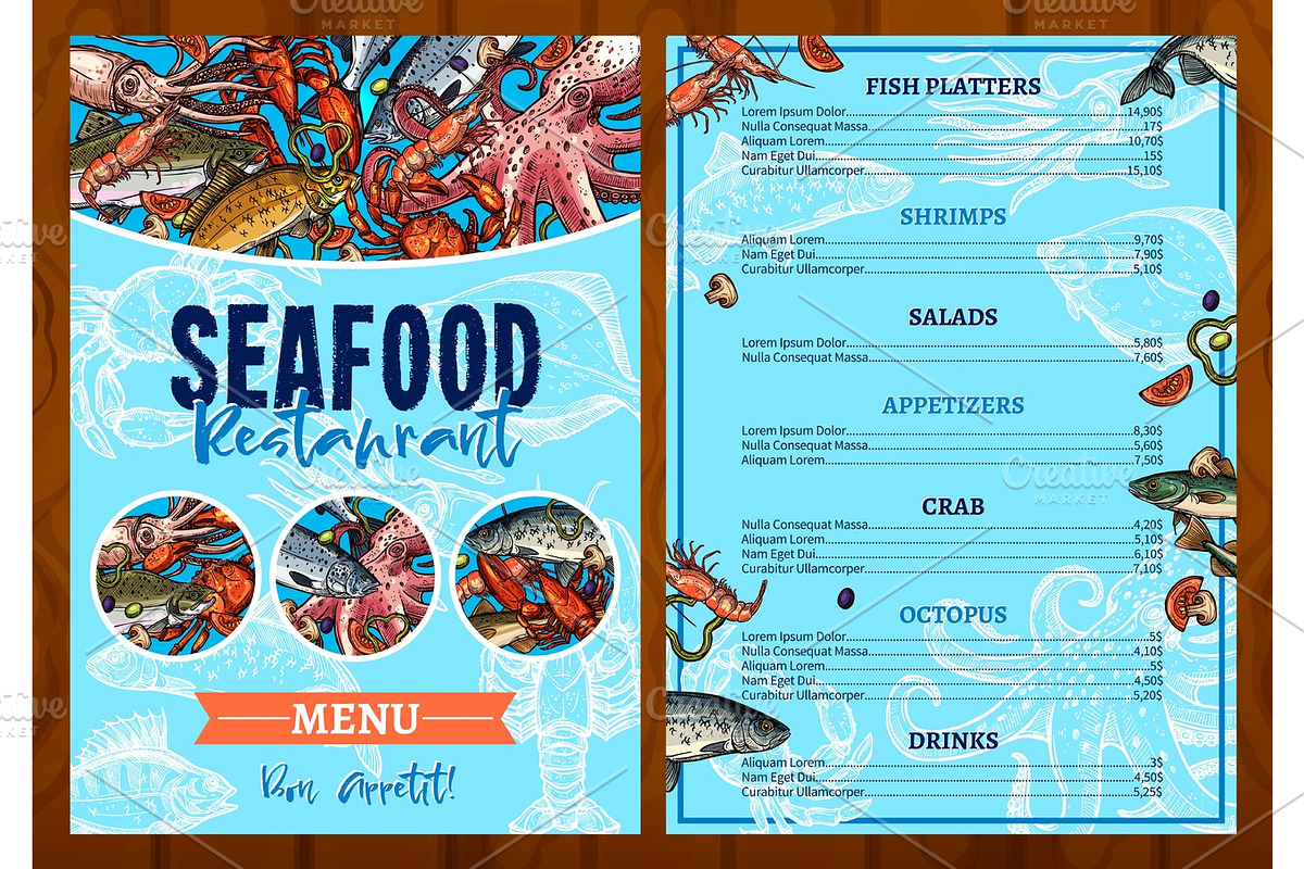 Vector menu for seafood fish restaurant, a Food Illustration by Vector ...