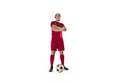 Professional football soccer player with ball isolated white background ...