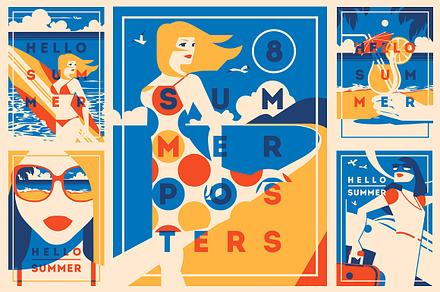 8 Summer Posters & Badge #1 | Decorative Illustrations ~ Creative Market