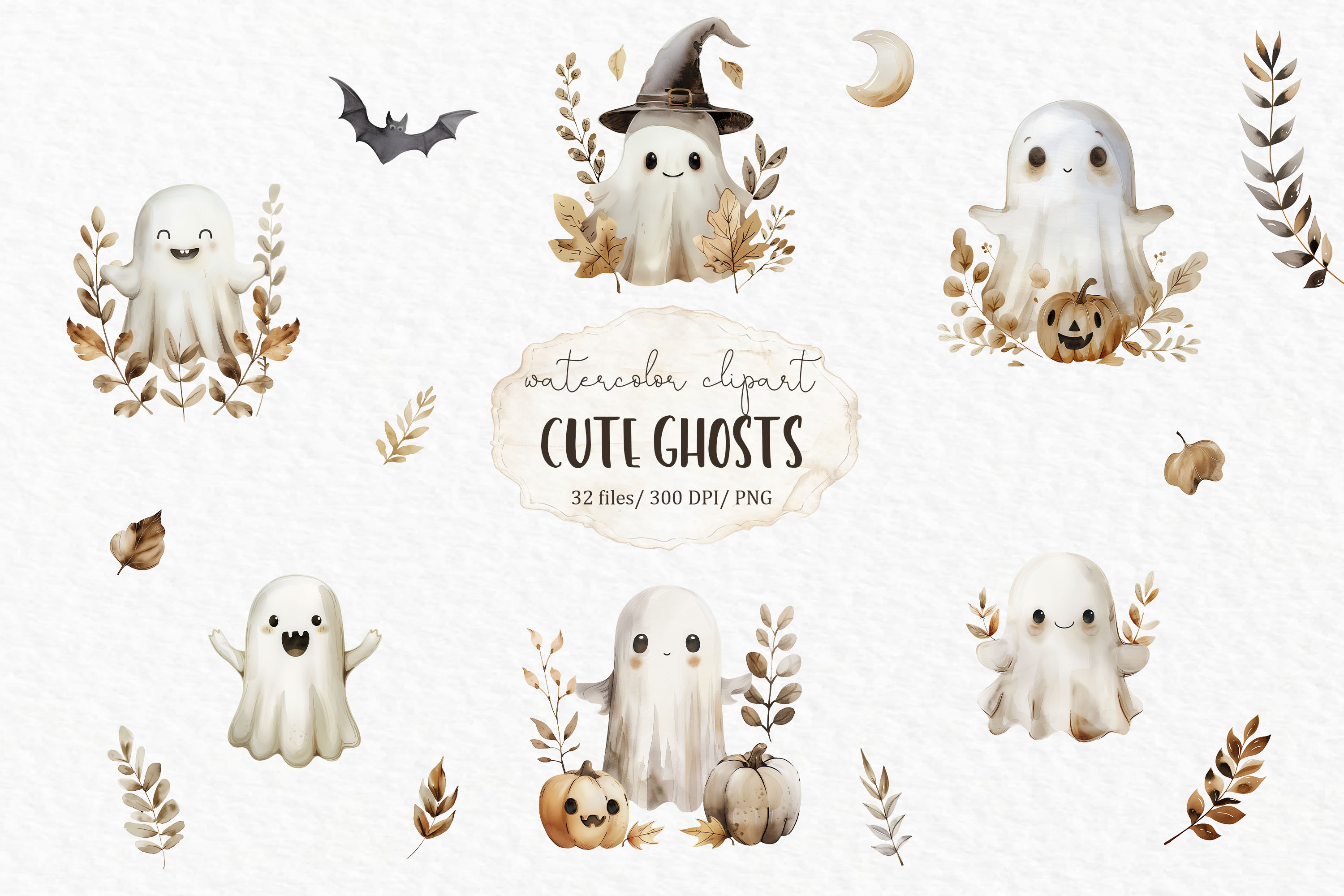 Cute ghost watercolor clipart PNG, a Seasonal Illustration by MyLittleMeow