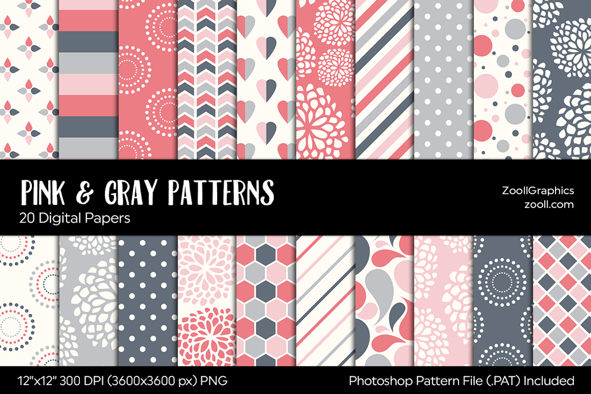 Pink And Gray/Grey Digital Papers, a Pattern Graphic by ZoollGraphics