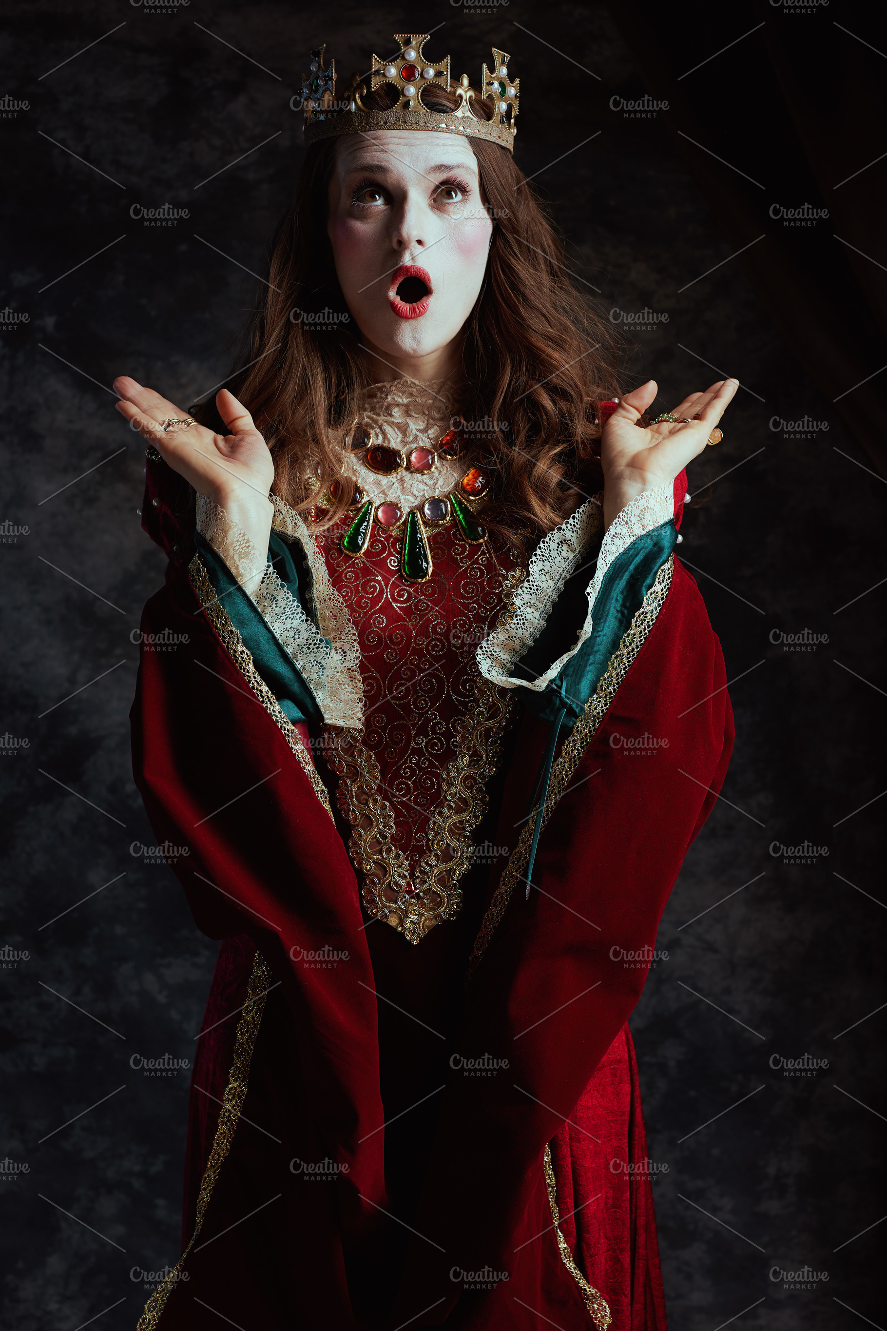 shocked medieval queen in red dress with white makeup, an Arts ...