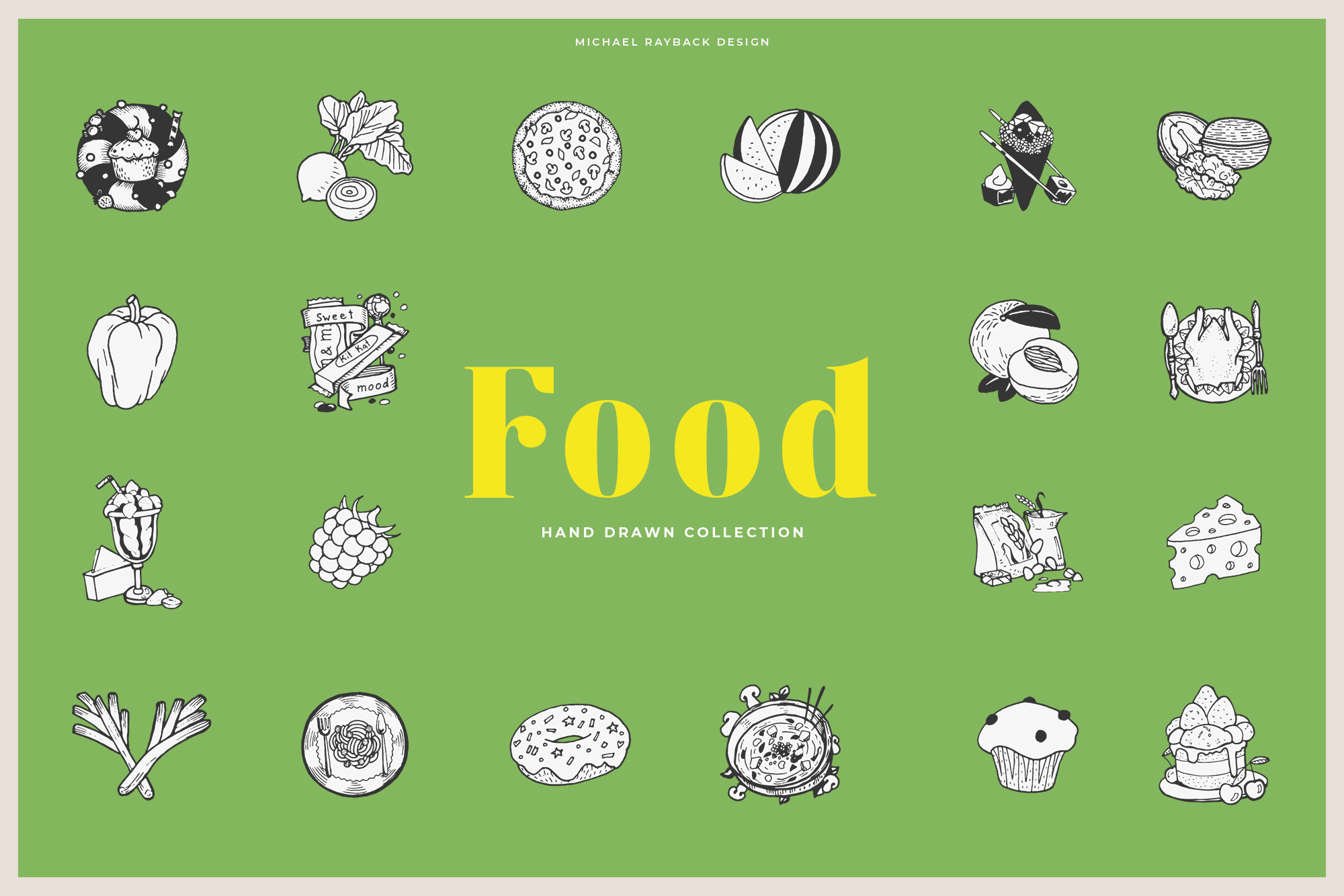 100 Hand Drawn Elements -Food-, a Food Illustration by Michael Rayback ...