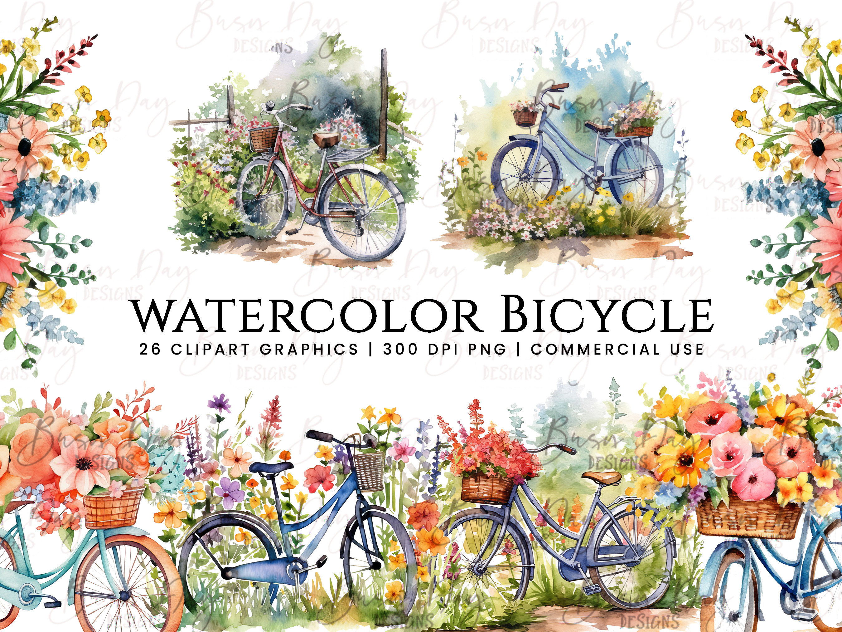 Watercolor Bicycle Clipart Bundle, an Object Illustration by BusyDaydesign