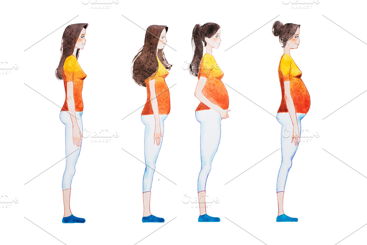 Cartoon illustration of pregnancy stages. Side view image of pregnant ...