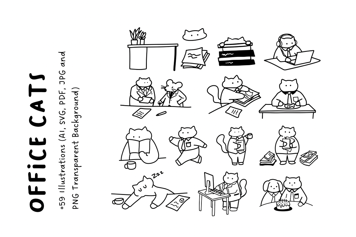 +59 Office Cats: Cute Hand-Drawn Set | AI, SVG, PDF, PNG & JPG