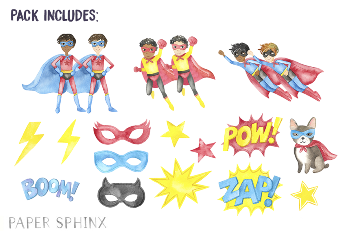 Watercolor Superhero Clipart - Boys, an Illustration by PaperSphinx