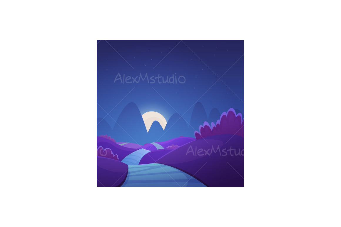 Night Cartoon Landscape, an Illustration by AlexMstudio