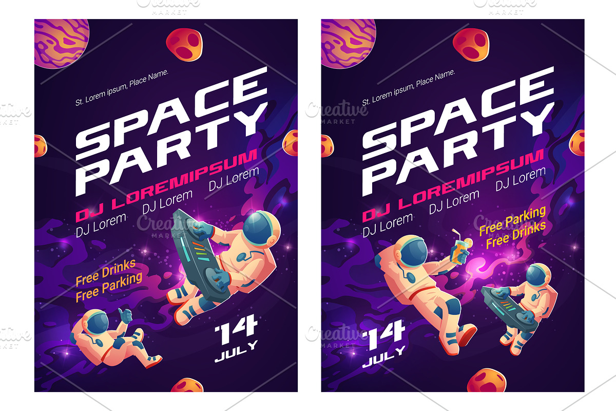 Space party cartoon flyers, invite, a Food Illustration by art PVP - market
