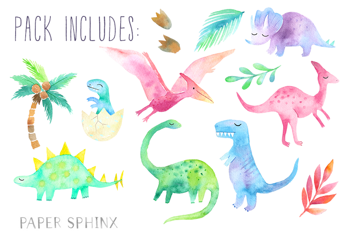 Watercolor Dinosaurs Pack, an Illustration by PaperSphinx