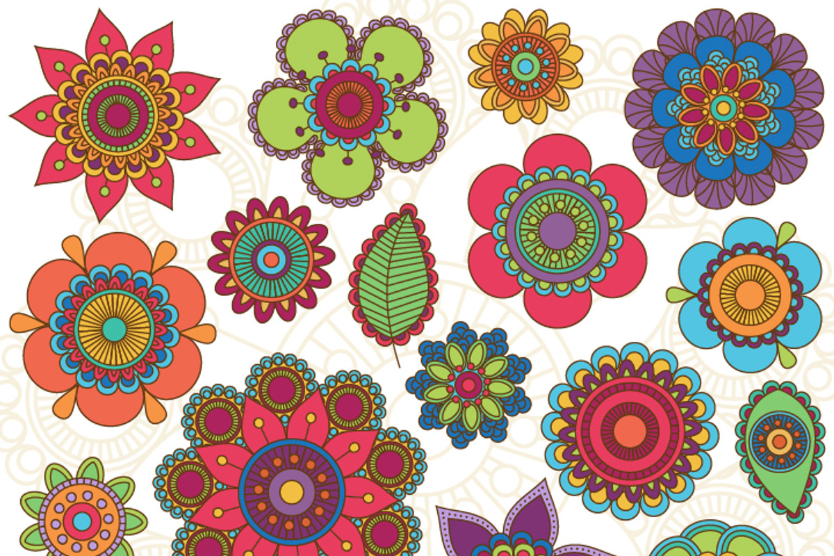 Doodle Flowers Clipart and Vectors, a Decorative Illustration by PinkPueblo