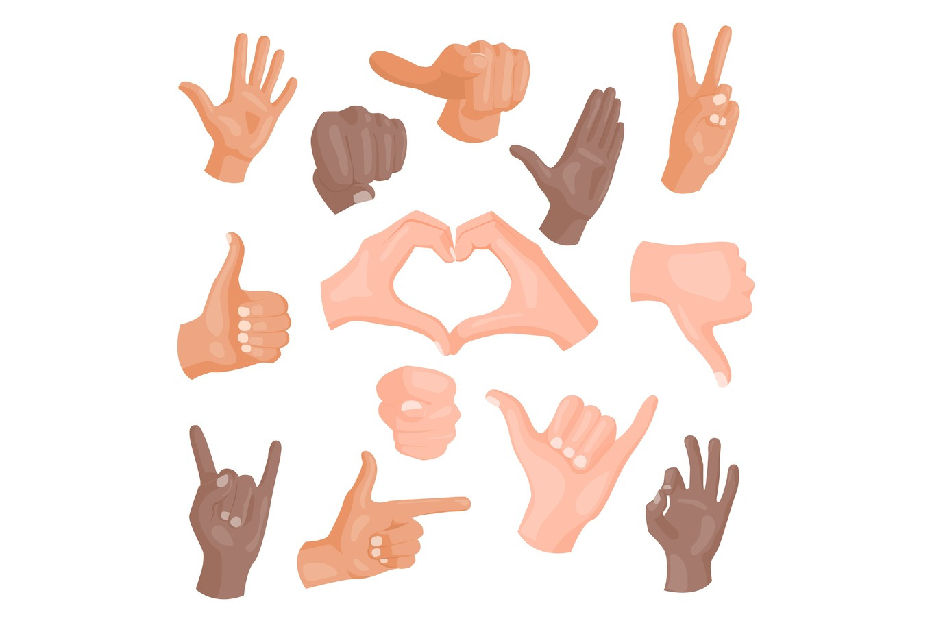 Hands showing different gestures isolated on white human arm hold ...