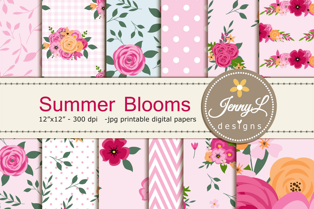 Floral Summer Pink Digital Paper, a Pattern Graphic by JennyL Designs