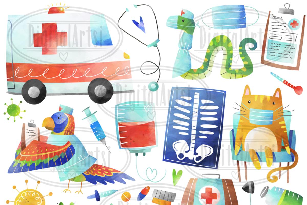 Watercolor Animal Hospital Clipart, an Animal Illustration by DigitalArtsi