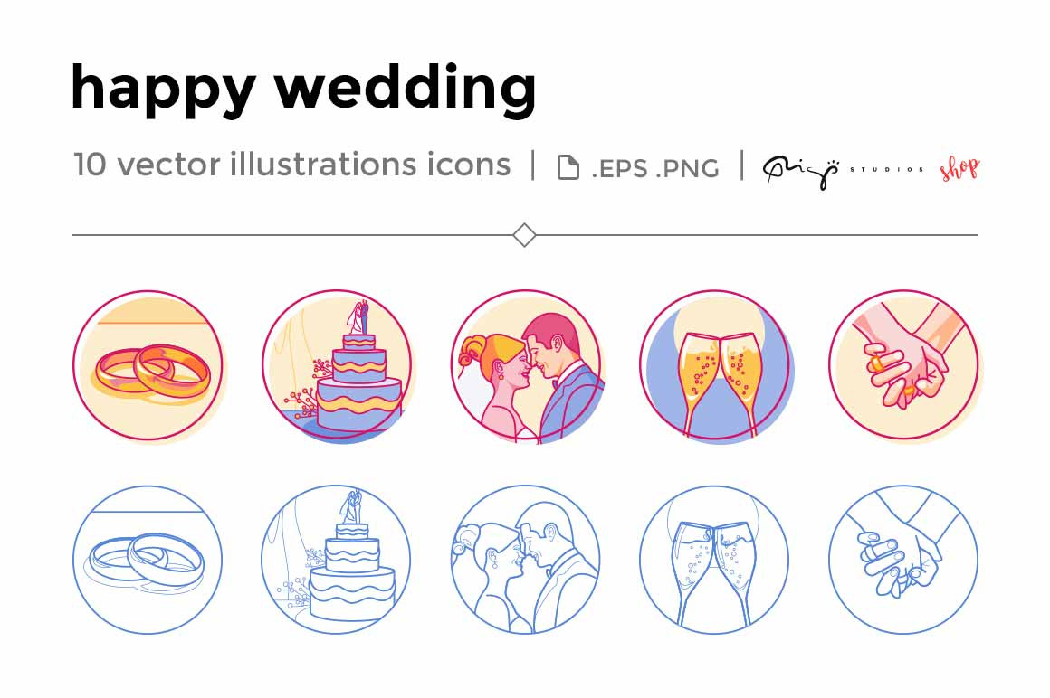 Happy wedding icons, an Icon by Rigostudios Market