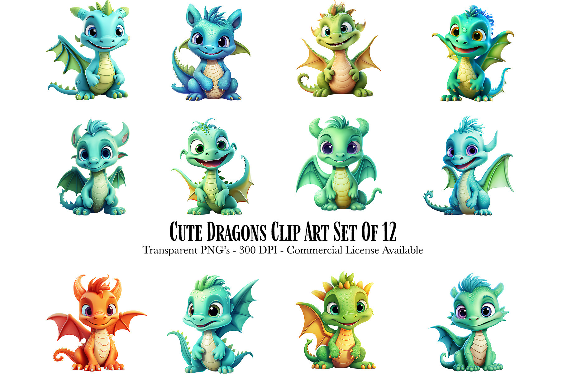 Dragon Clipart Set Of 12 PNG, an Animal Illustration by EzDigitals