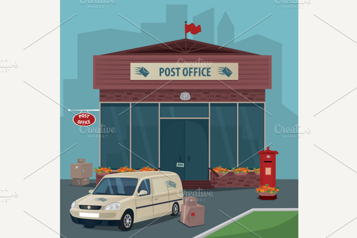 Exterior of post office and car of postal service, a Transportation ...