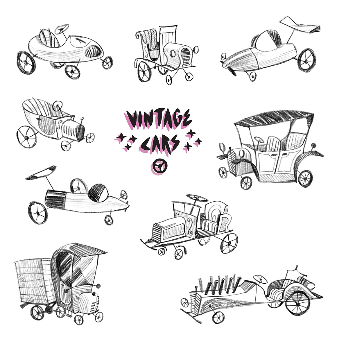 Sketchy vintage cars set, an Illustration by RasterBird
