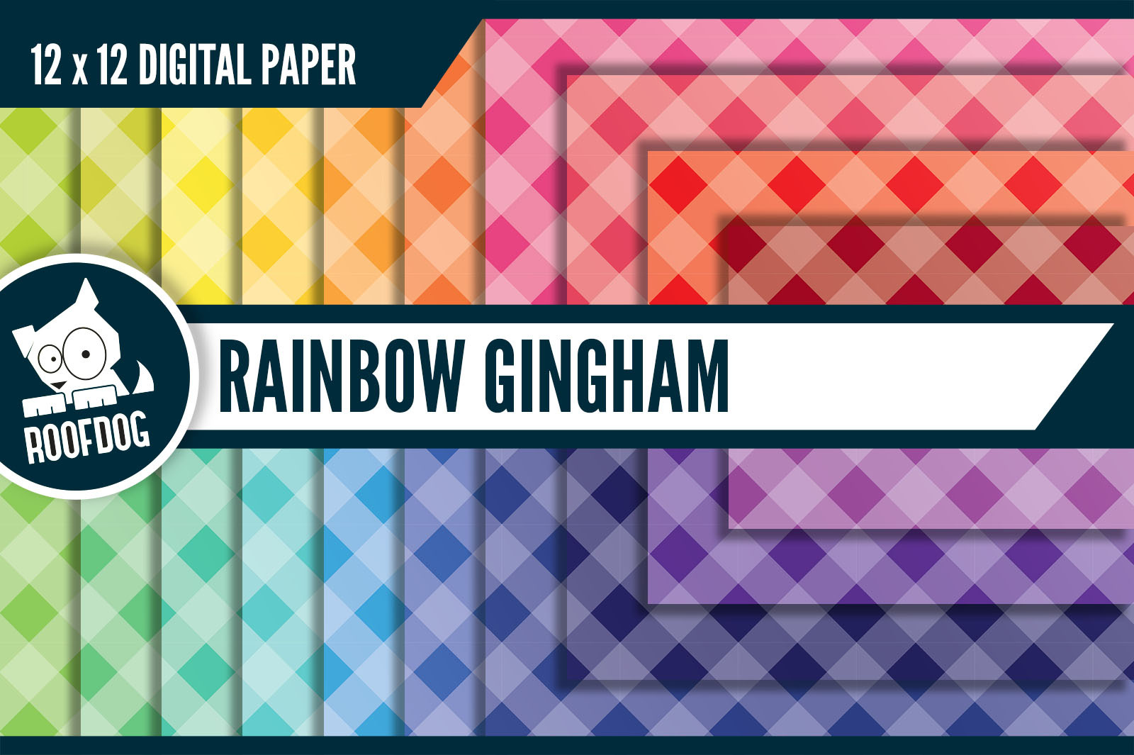 Rainbow gingham digital paper, a Pattern Graphic by Roofdog Design