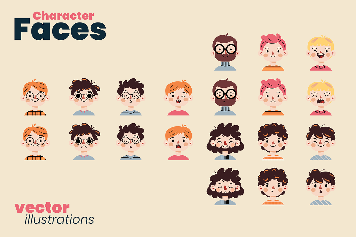 Character Faces Set, a Person Illustration by Monika_J