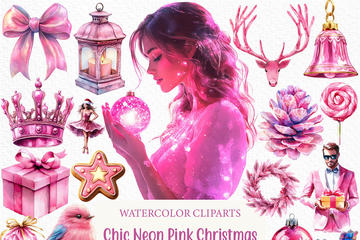 Chic Neon Pink Christmas Clipart, an Illustration by Craft Nest