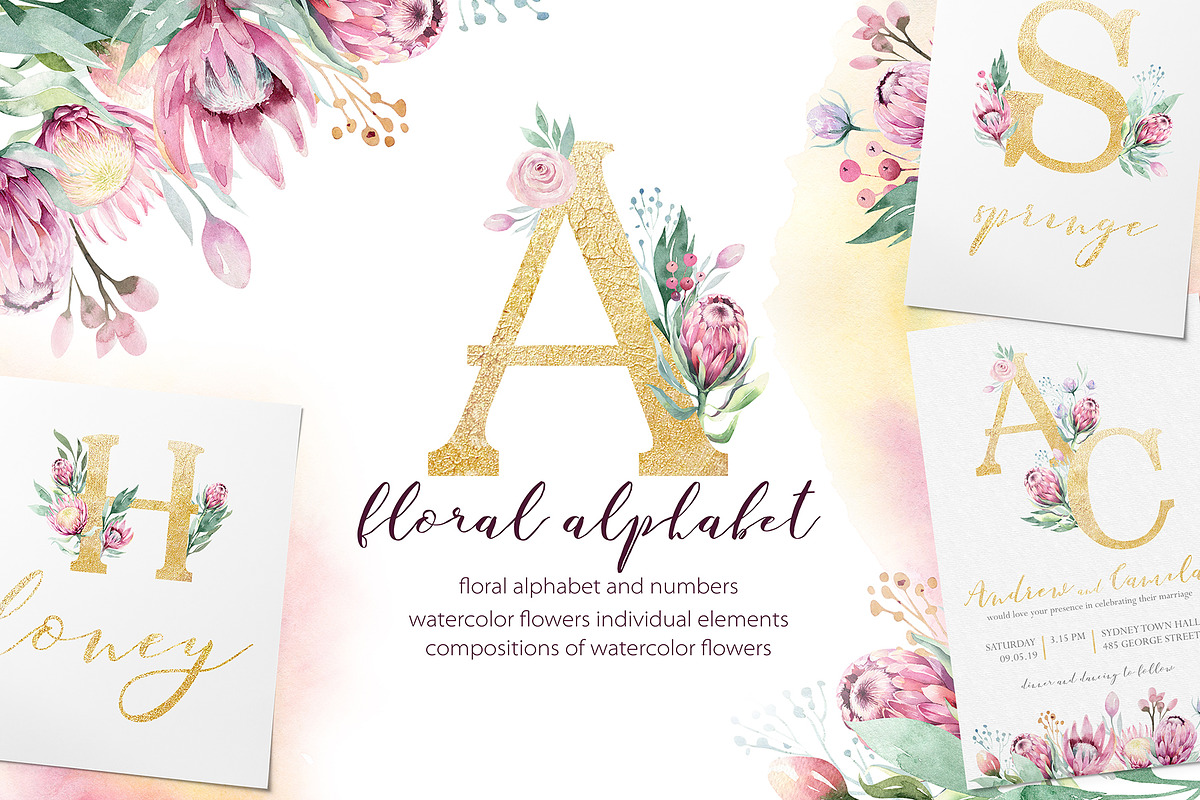Watercolor Gold & Vinous alphabet, an Object Graphic by Peace ART