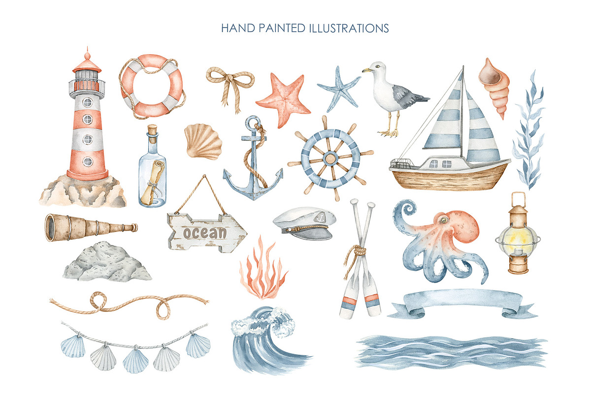 Watercolor nautical clipart, an Illustration by AquarelleSpace