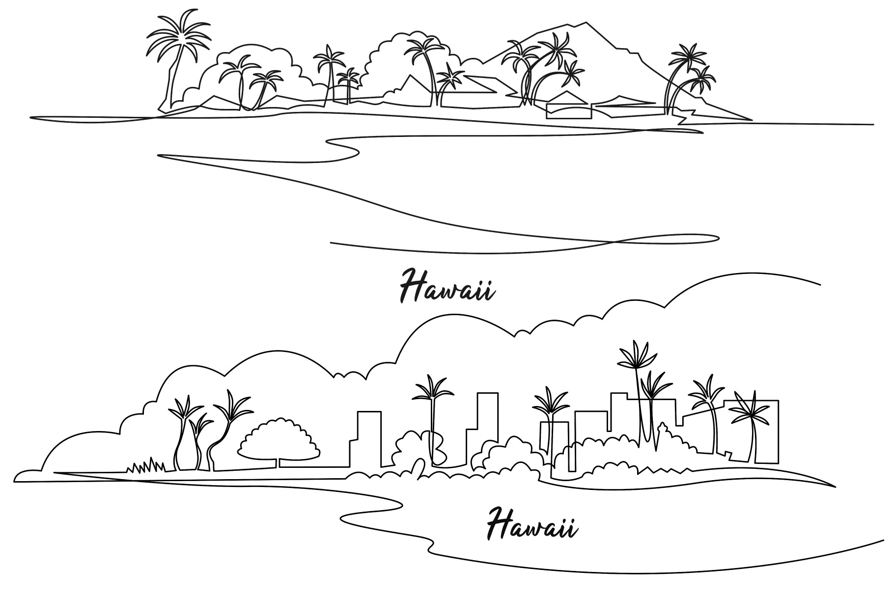 Hawaii landscape one line drawing, an Illustration by Samui-Art