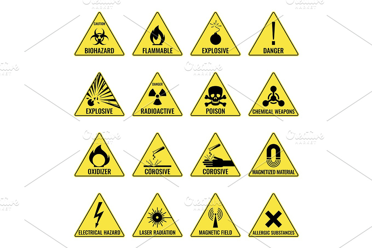 Hazard warning triangual yellow icon set on white, an Illustration by ...