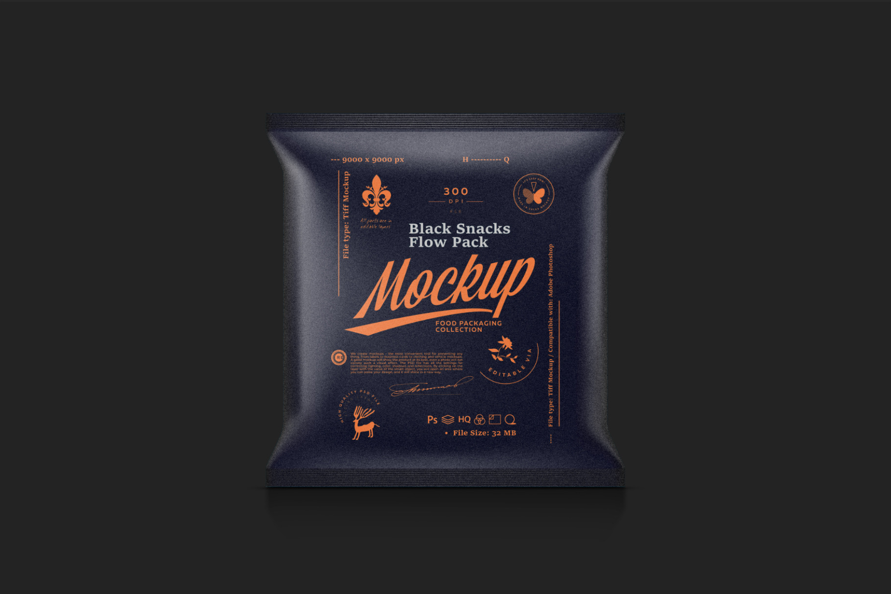 Black Snacks Flow Pack Mockup, a Packaging Mockup by Reformer Mockup