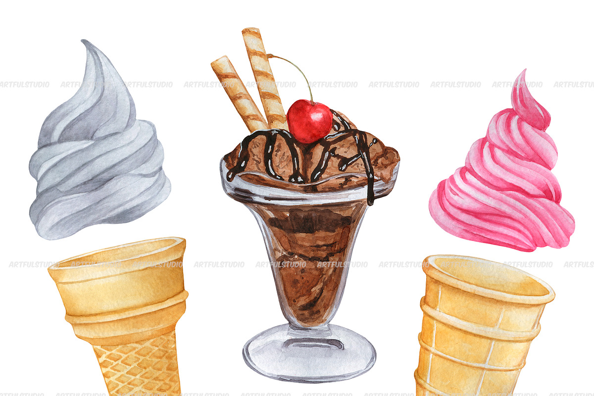 Watercolor ice cream clipart, an Illustration by ArtfulStudio