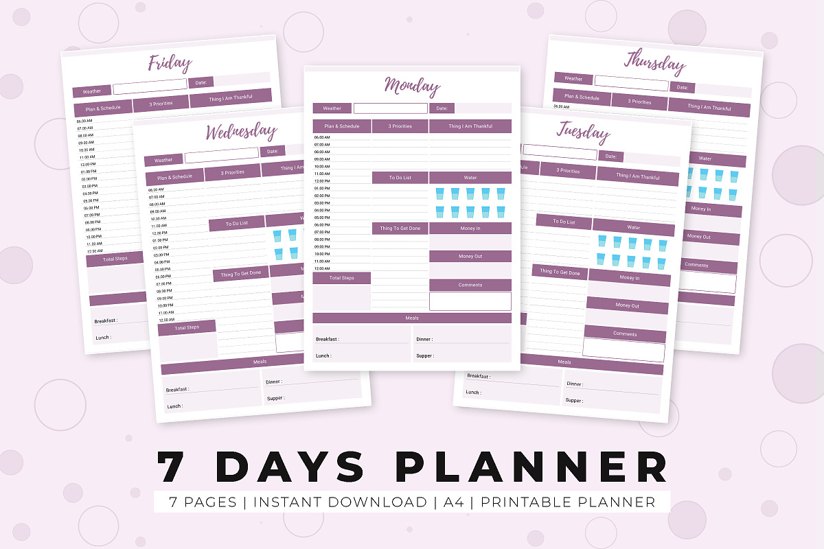 Printable 7 Day Planner, a Templates & Theme by Snapybiz