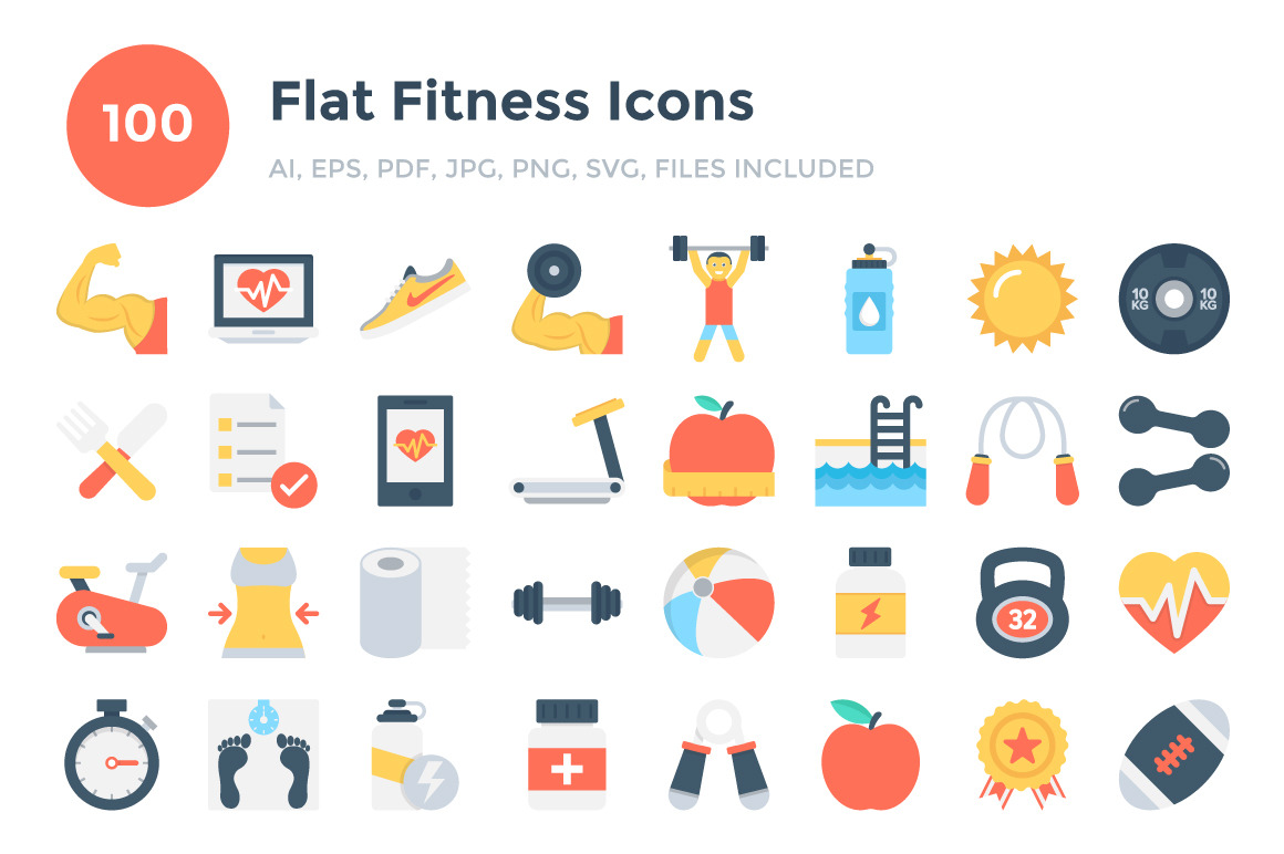 100 Flat Fitness Icons, an Outline Icon by Vectors Market