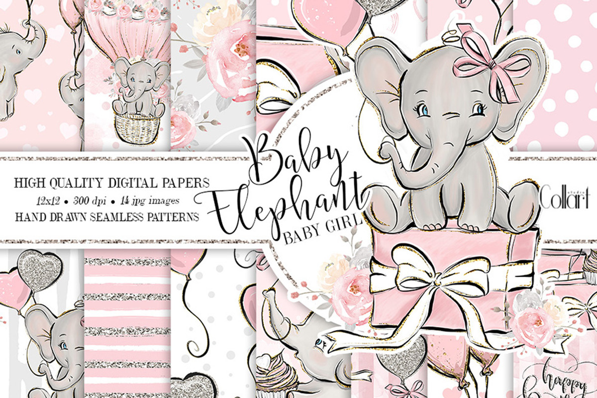 Elephant digital paper, baby girl, a Pattern Graphic by Collart Studio