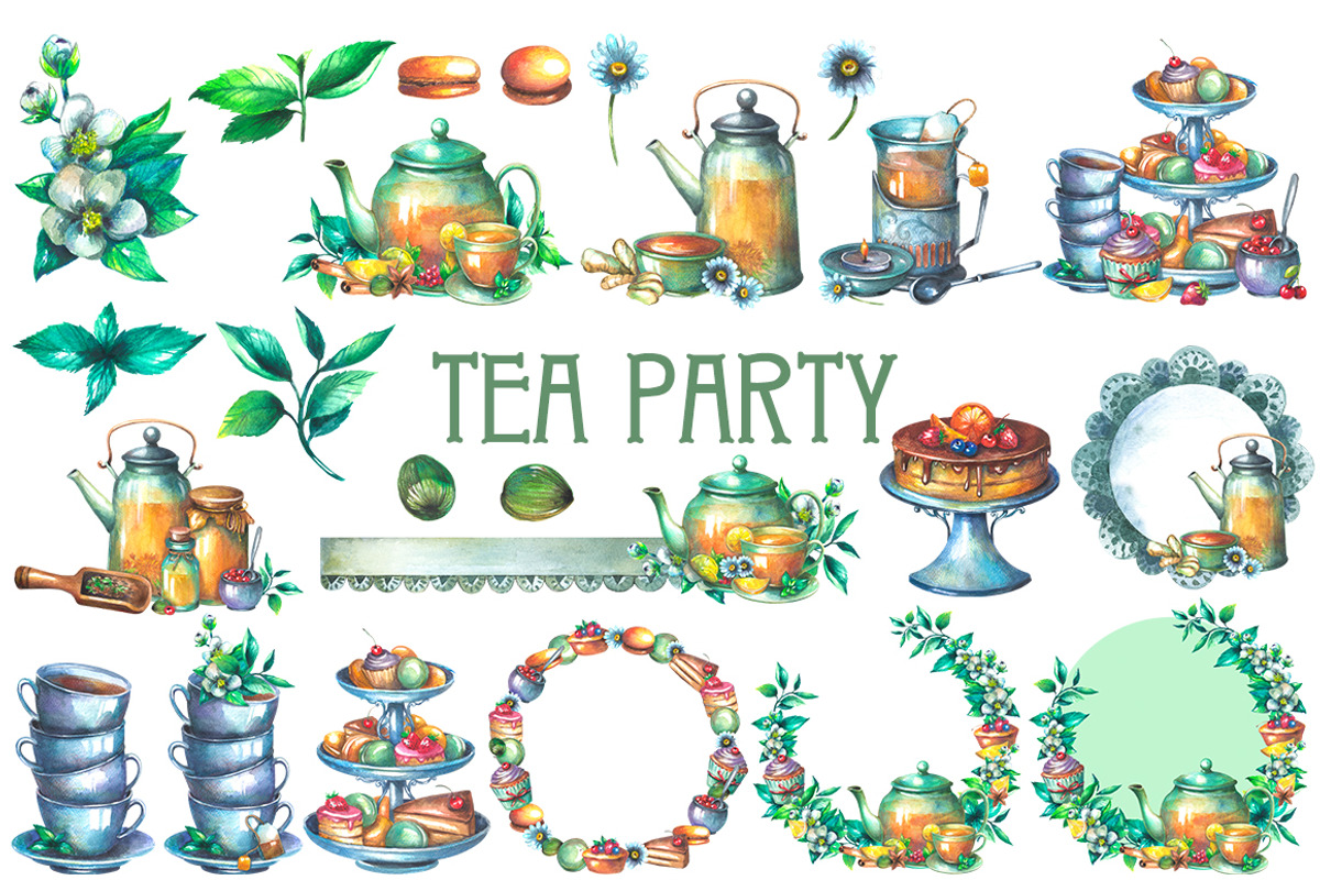 Tea Party Watercolor Clipart, an Illustration by FITALARTSNEDIGI