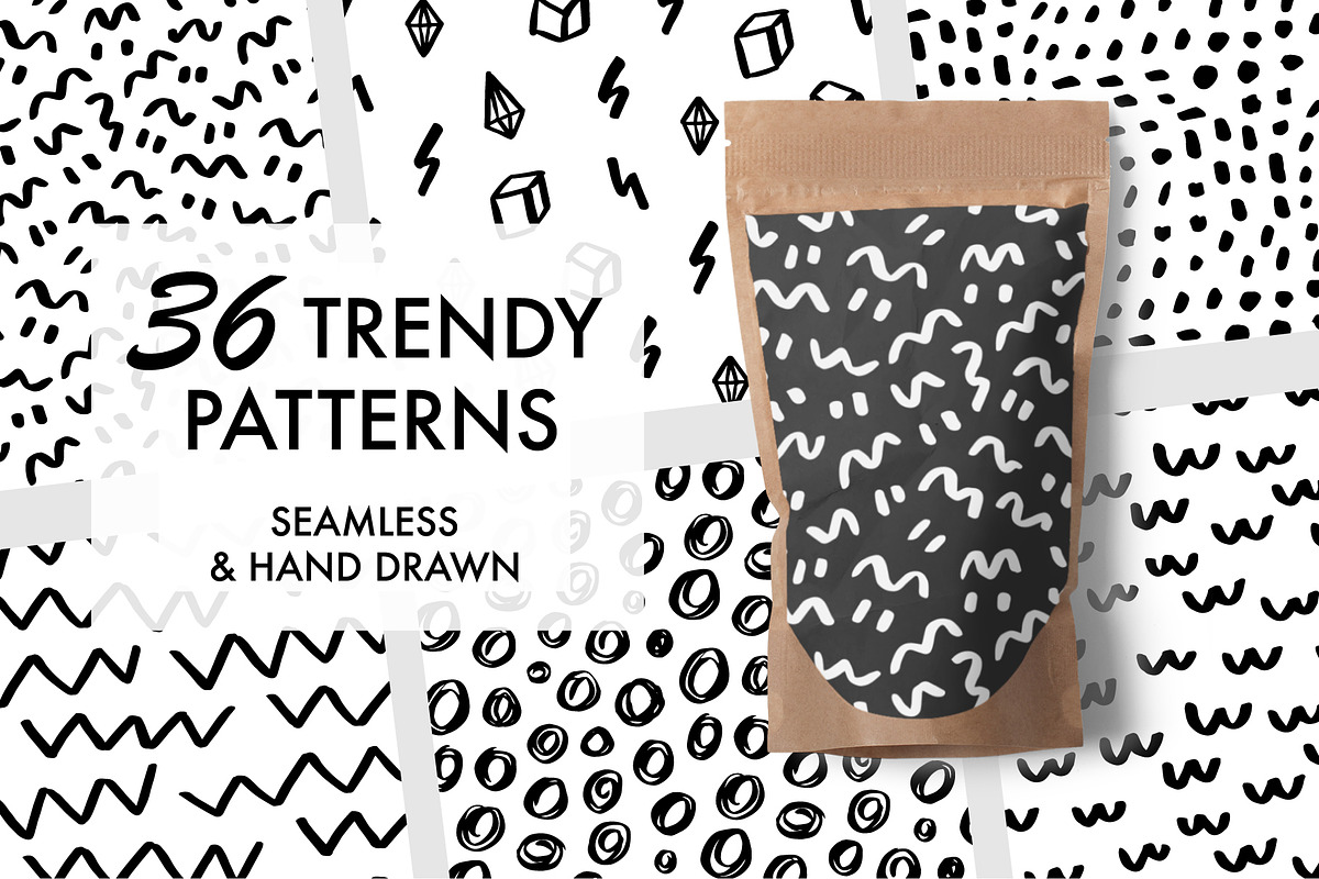 36 Hand Drawn Trendy Patterns + SVG, a Pattern Graphic by Katrinelly