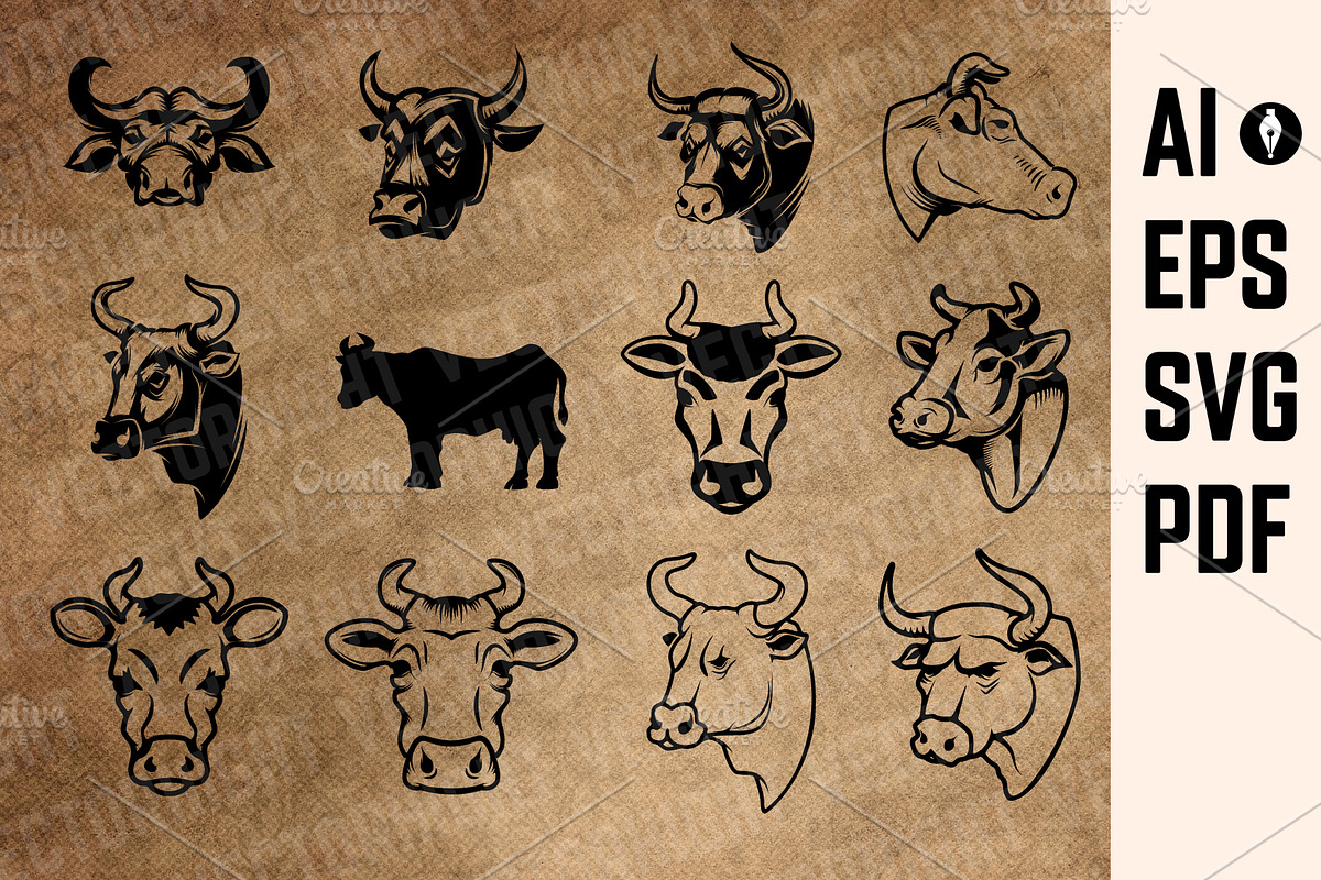 Cow Head, Bull Head, Buffalo Svg,, an Icon by Vectorhight | Creative Market