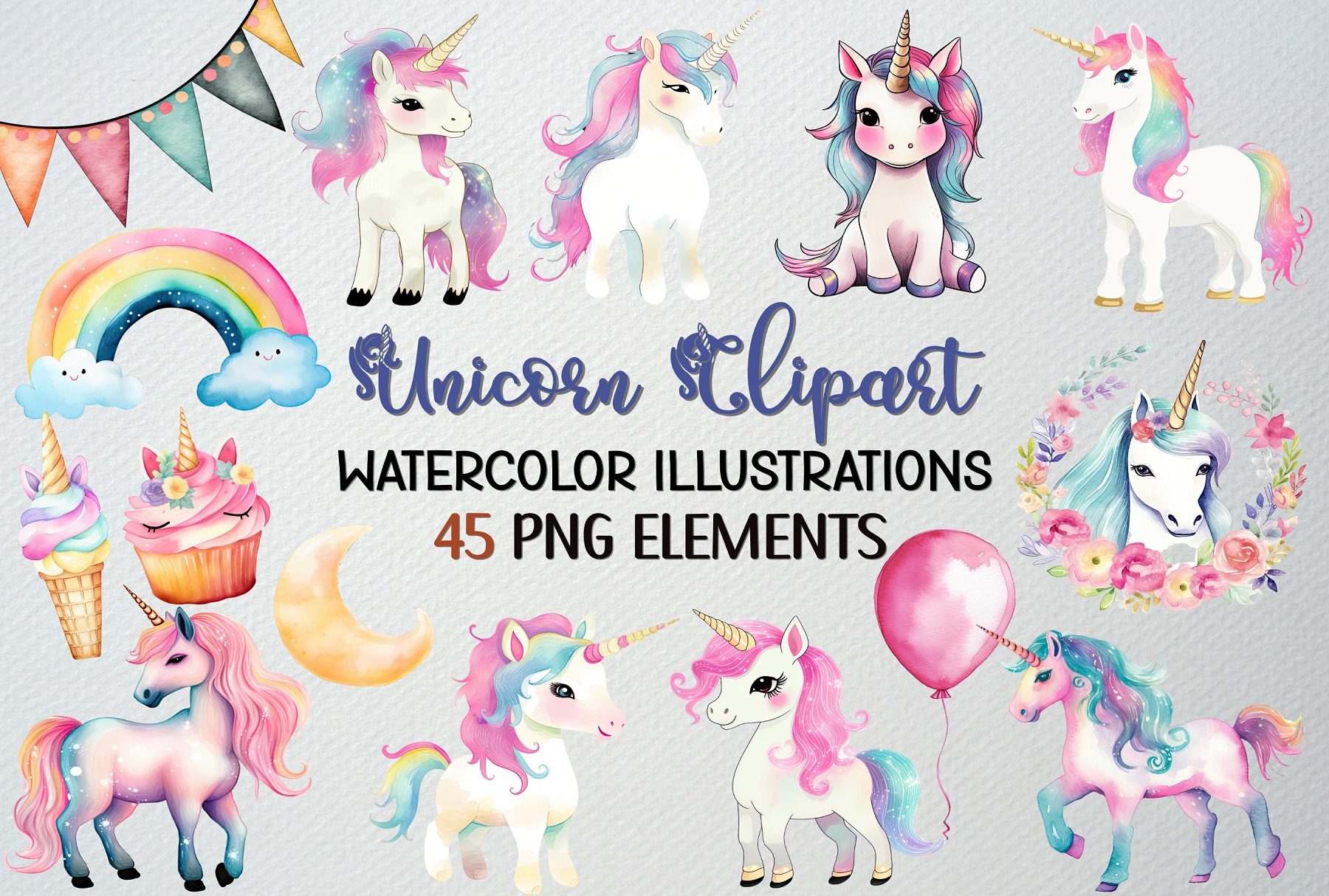Watercolor Unicorn Clipart Set, 45 PNG