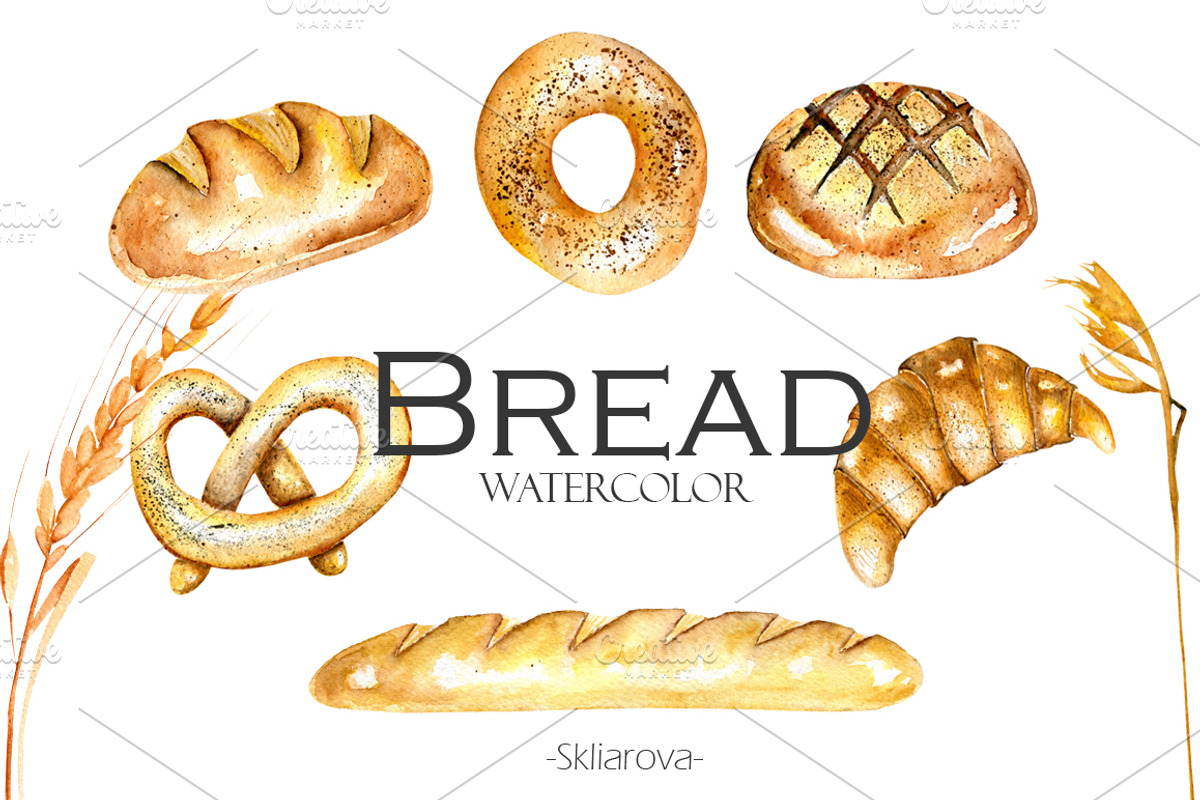 Watercolor BREAD clipart, a Food Illustration by Skliarova